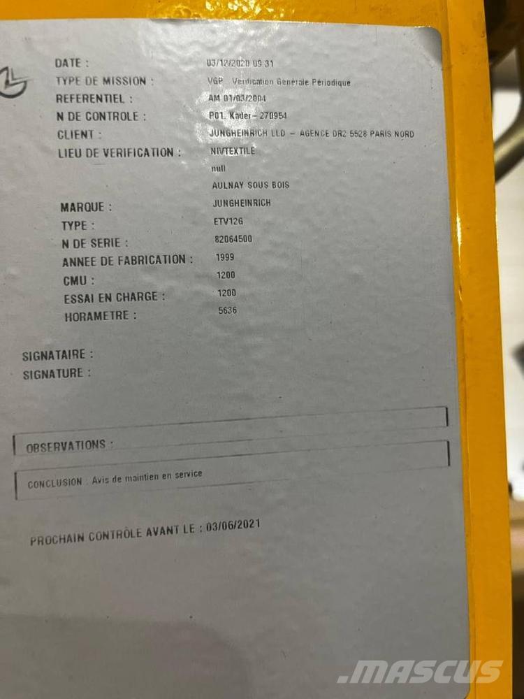 Jungheinrich ETV 12, 1999, AULNAY SOUS BOIS, Île-de-France, França ...